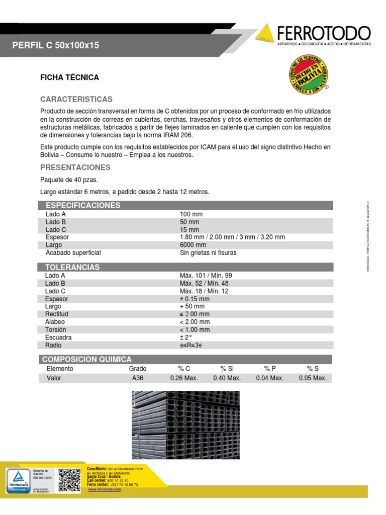 Ficha Tecnica Perfil C 50x100x1.8 | PDF | Ingeniería mecánica | Materiales