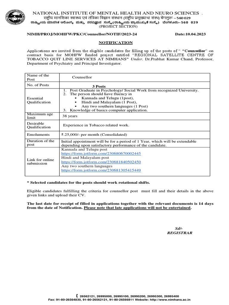 03 Counsellor Posts Advt Details NIMHANS | PDF | Cognitive Science 03 Counsellor Posts Advt Details NIMHANS | PDF | Cognitive Science