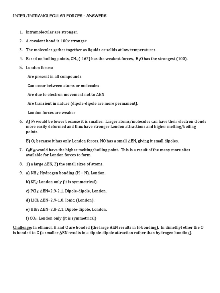 ANSWERS - Intermolecular Forces 2021 | PDF
