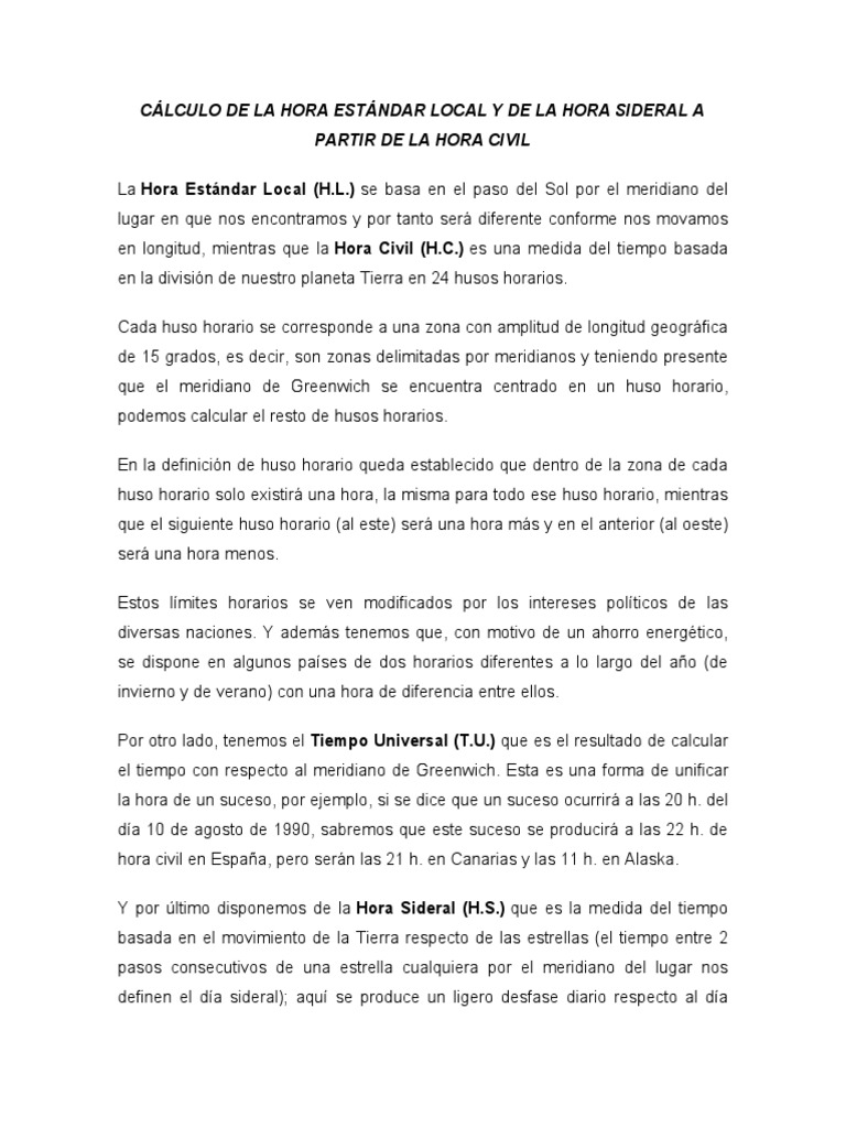 Calculo de La Hora Estandar Local y de La Hora Sideral A Partir de La ...