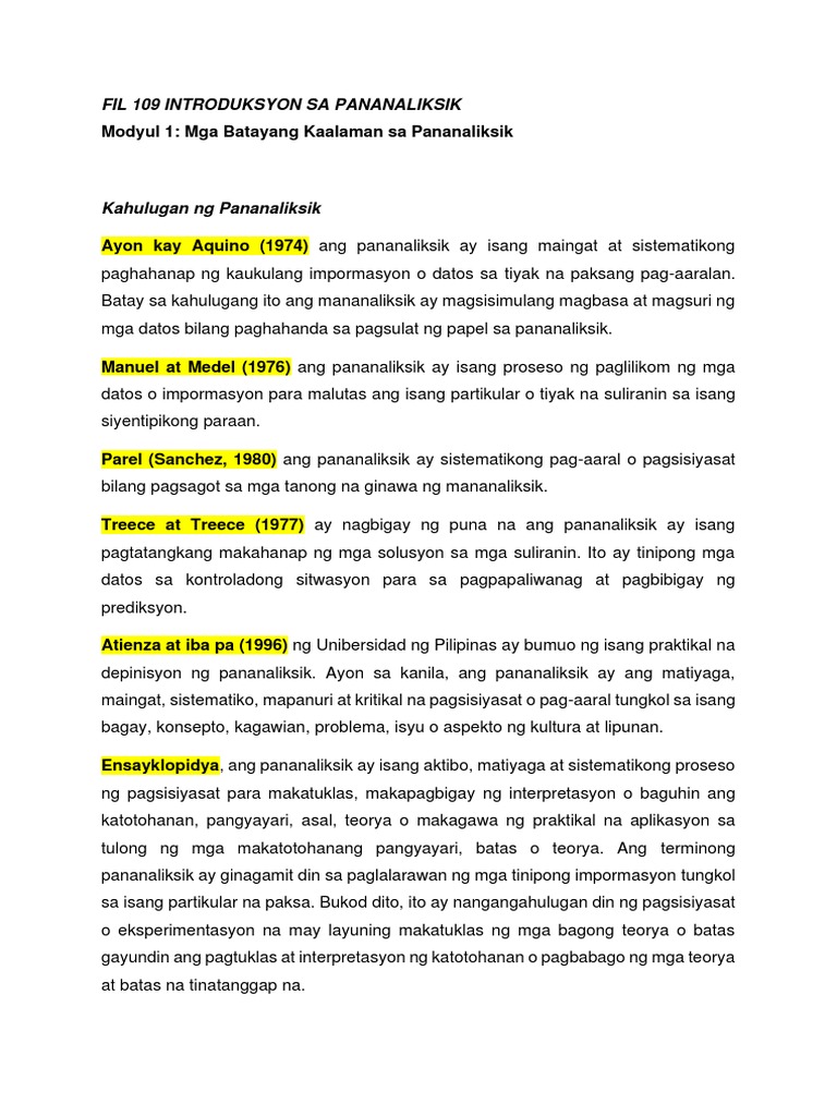 FIL 109 Modyul 1 Mga Batayang Kaalaman Sa Pananaliksik | PDF