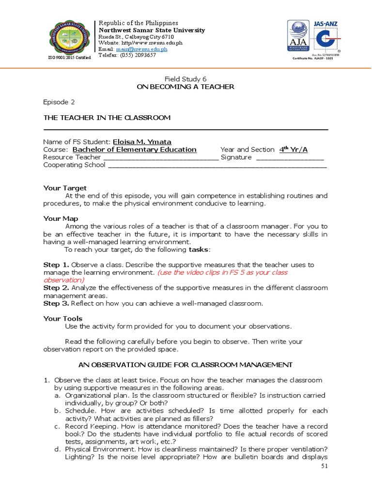 FIELD STUDY 6 (Episode2) | PDF | Classroom Management | Classroom