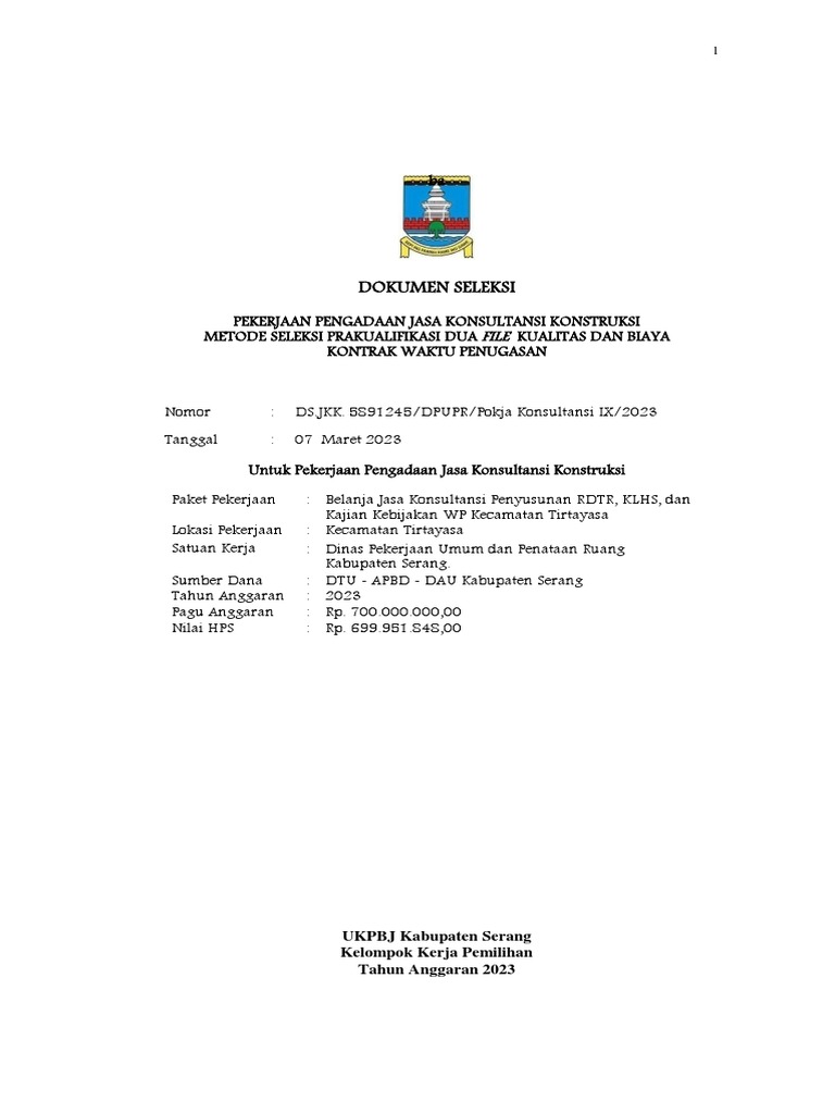 Dokumen Seleksi Penyusunan RDTR, KLHS, Tirtayasa-23 - Ok-Win | PDF
