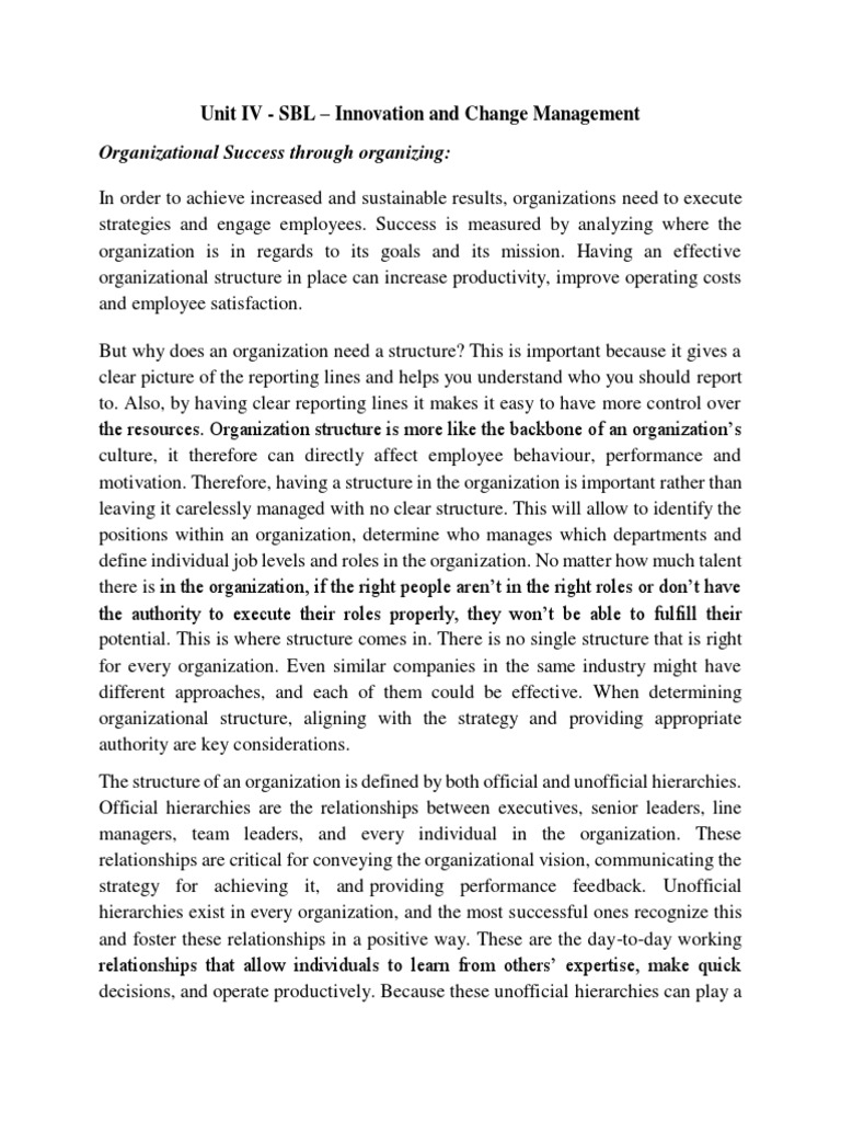 SBL - Unit 4 - Innovation & Change Management | PDF | Project Management | Organizational Structure