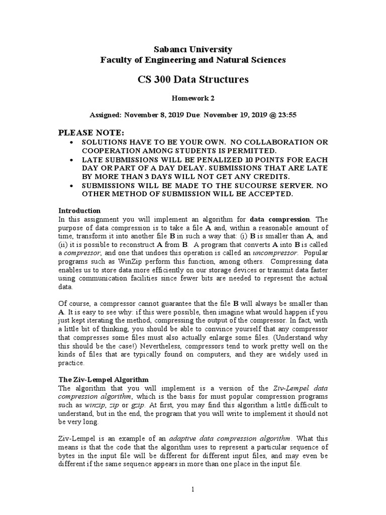 Sabancı University CS300 Data Structures Homework 2 on Ziv-Lempel ...