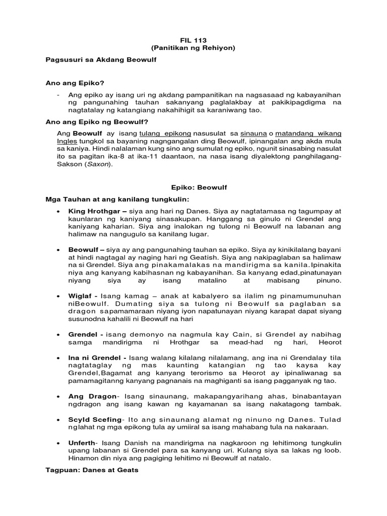 FIL 113 (Panitikan NG Rehiyon) Pagsusuri Sa Akdang Beowulf | PDF