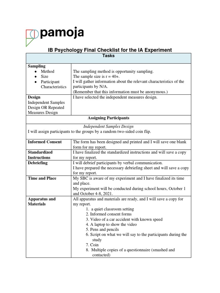 IB Psychology Final Checklist For The IA Experiment: Tasks Sampling ...