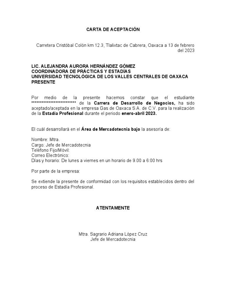 Machote Carta de Aceptación | PDF