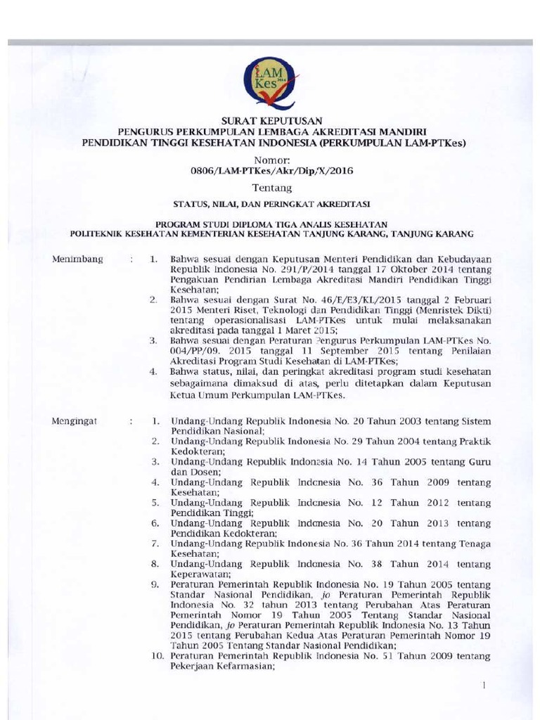Akreditasi d3 Analis Kesehatan 2016 | PDF