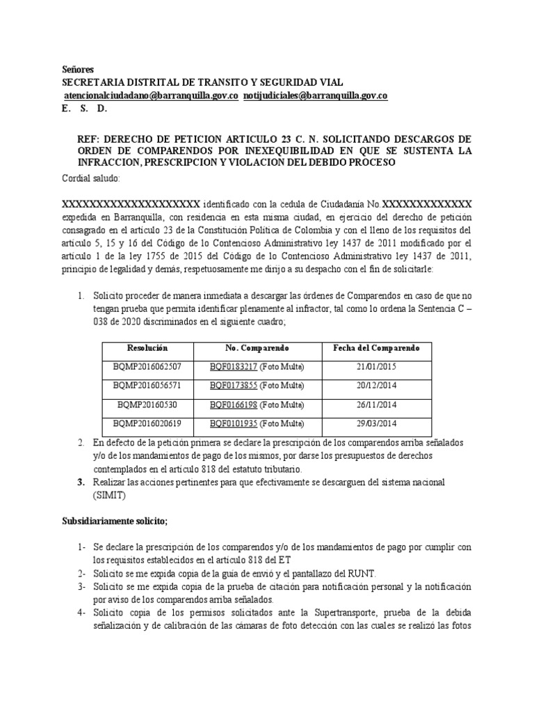 Derecho de Peticion Foto Multas Barranquilla | PDF | Estatuto de limitaciones | Debido al proceso