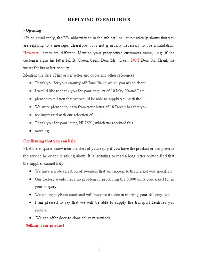 Providing Effective Responses to Customer Enquiries | PDF