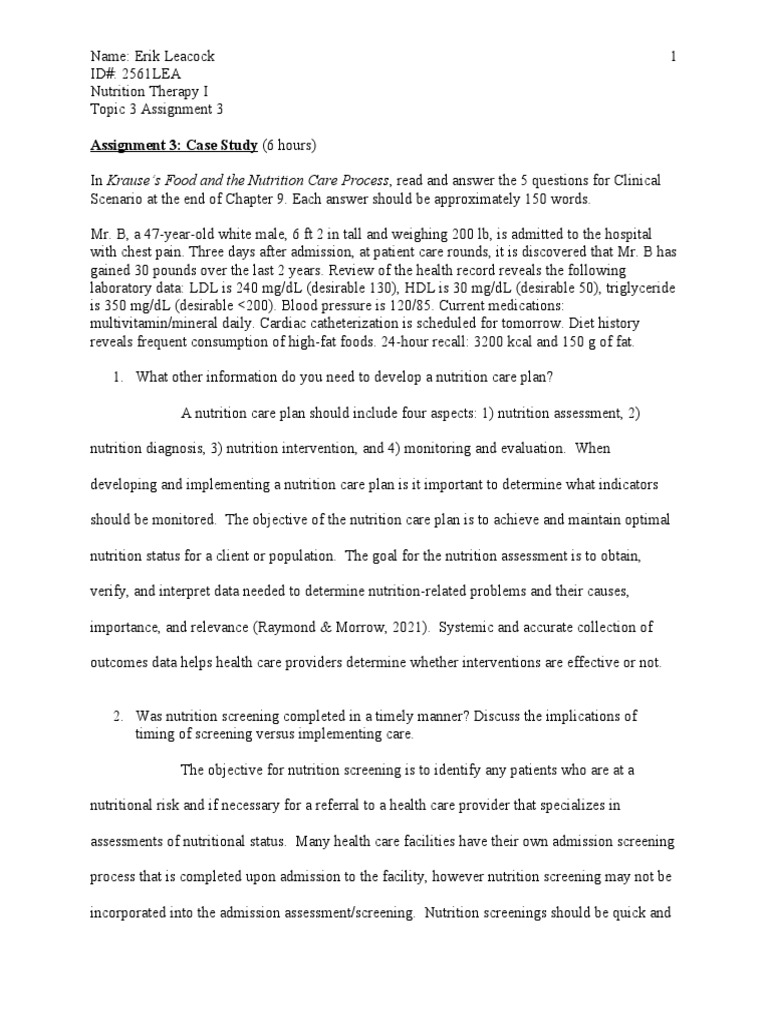 A Case Study Analysis And Nutrition Care Plan Development For A Middle
