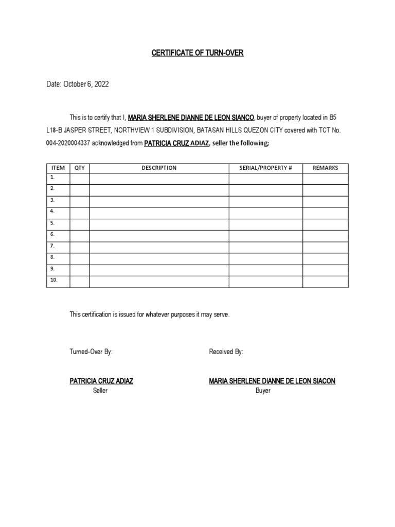 Certificate of Property Turnover | PDF