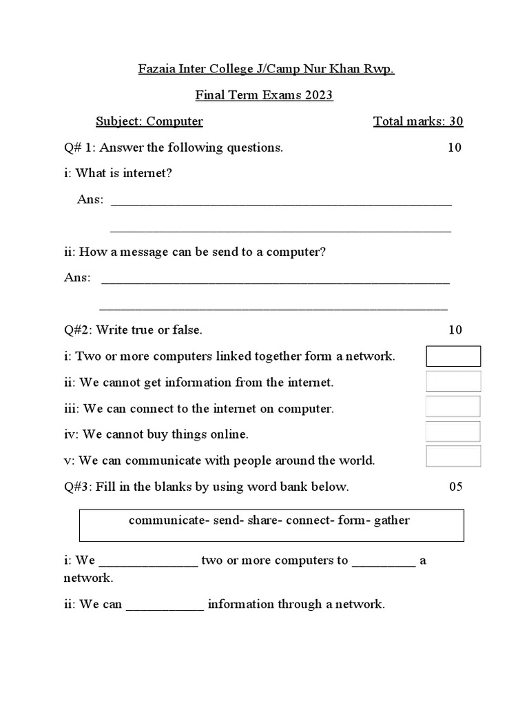 Final Term Worksheet Computer Class 2 | PDF