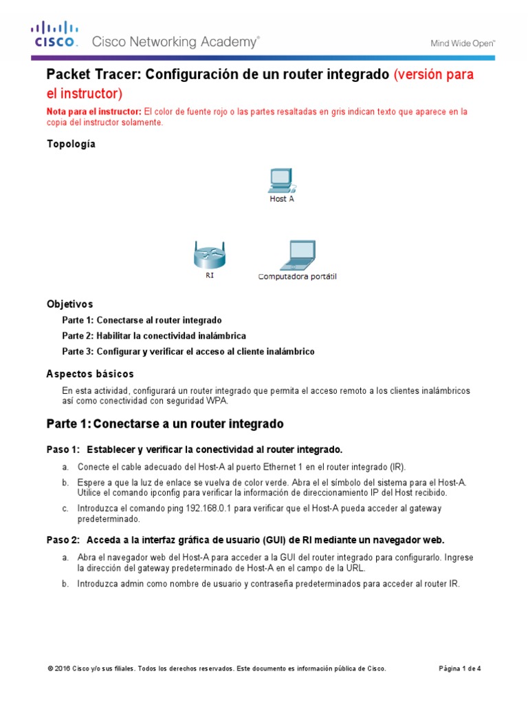 Packet Tracer: Configuración de Un Router Integrado: (Versión para El Instructor) | PDF ...