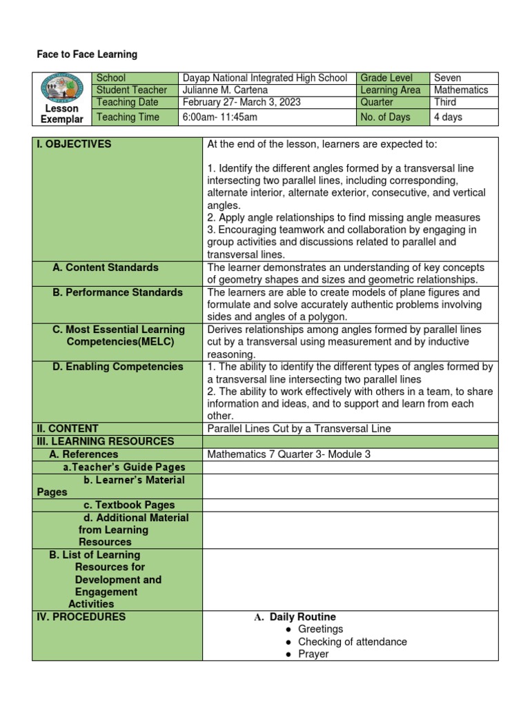 Le Math Q3 W3 | PDF | Angle | Elementary Mathematics