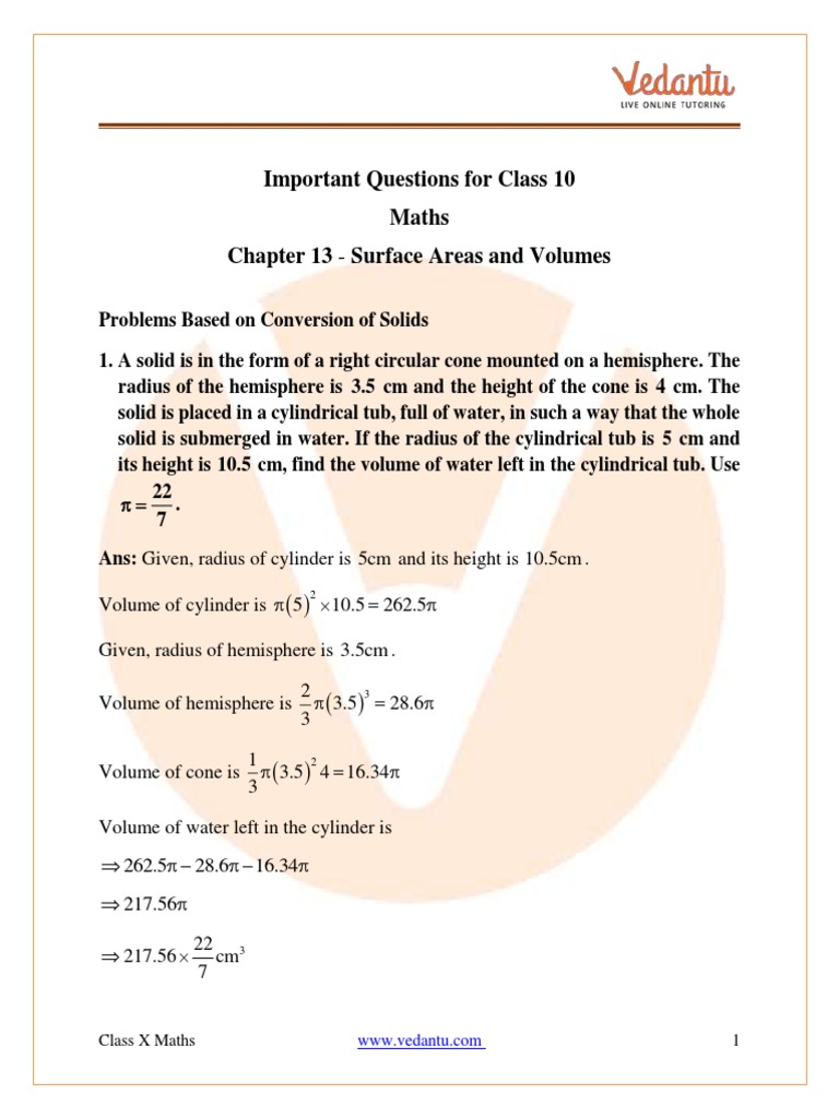 Important Questions For Class 10 Maths Chapter 13 - Surface Areas and Volumes | PDF | Sphere | Area