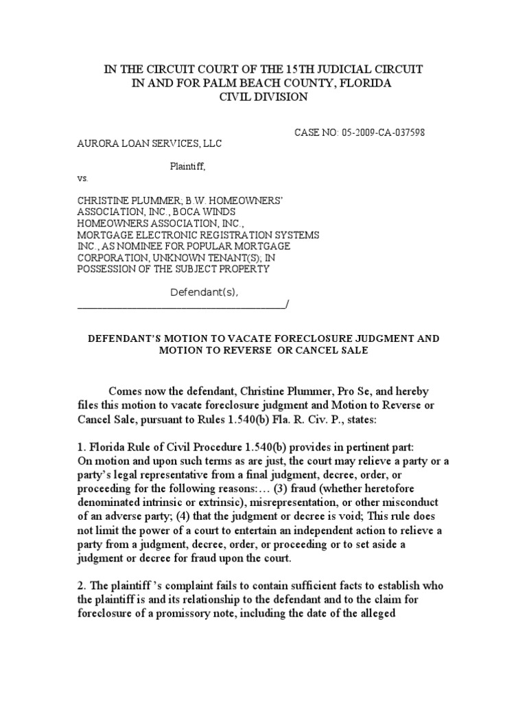 Motion to Vacate Judgement and Motion to Reverse or Cancel Sale ...