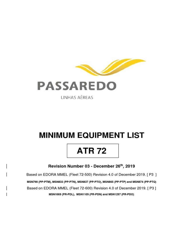 Minimum Equipment List: Revision Number 03 - December 26, 2019 | PDF ...