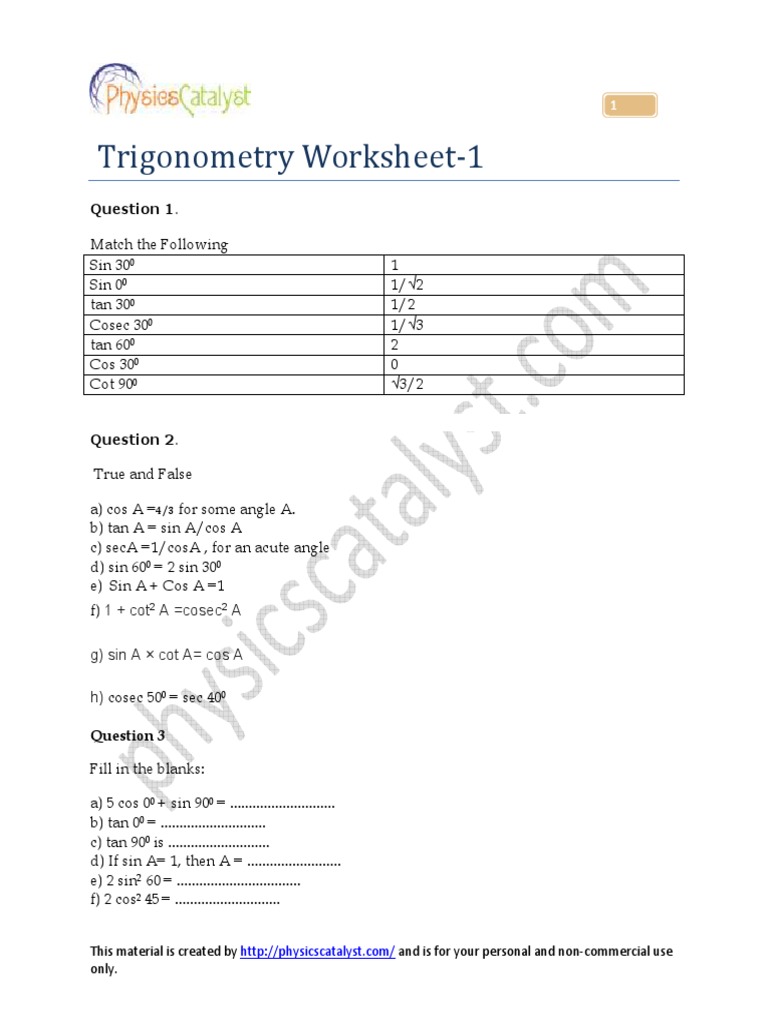 Class10 Trigonometry Worksheet 1 PDF | PDF | Trigonometric Functions | Algebra