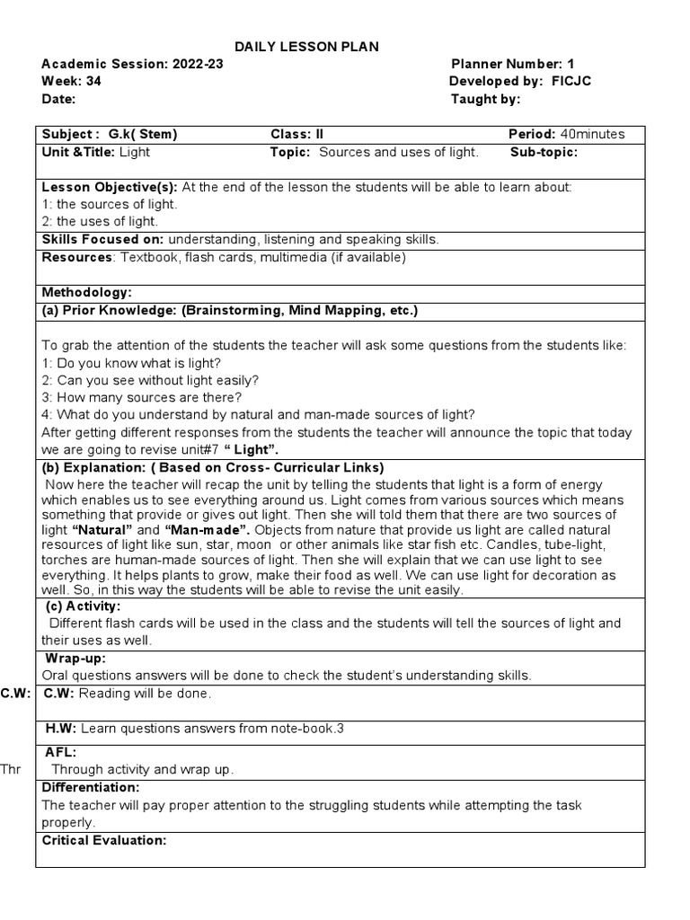 UNIT#7 LIGHT REVISION LESSON PLAN 1 | PDF | Teachers | Teaching