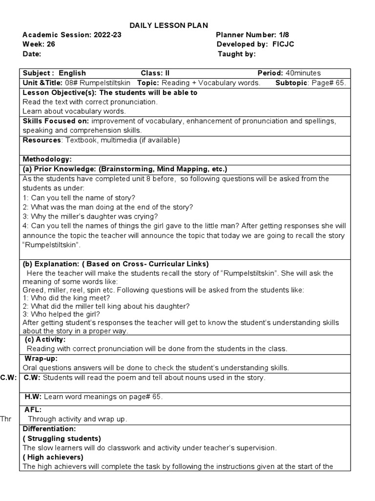 English Lesson Plan: Rumpelstiltskin | PDF | Vocabulary | Reading ...