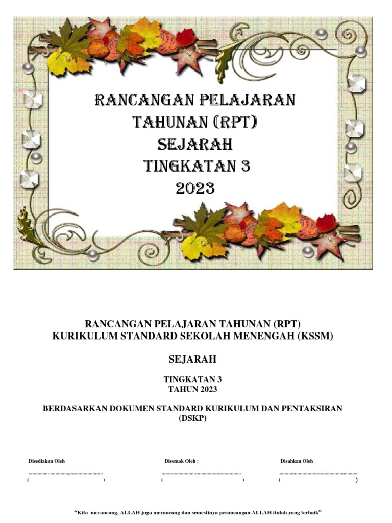 Rancangan Pelajaran Tahunan (RPT) Sejarah Tingkatan 3 2023 | PDF