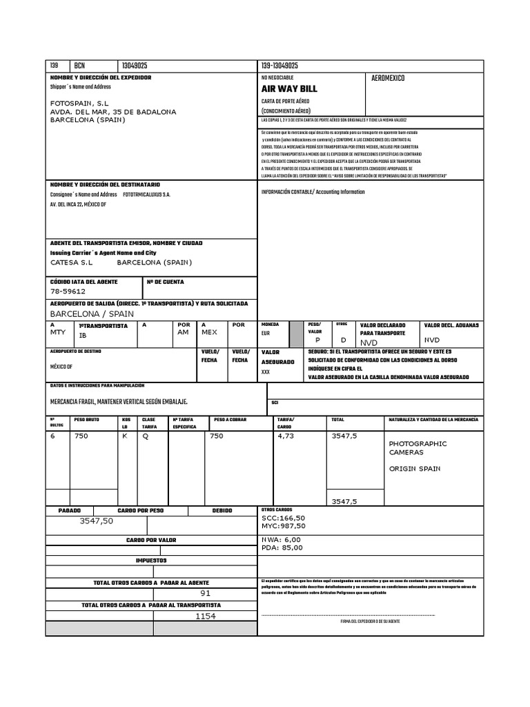 MODELO DE AIR WAYBILL AWB O CONOCIMIENTO AEREO.docx | PDF | Industrias ...