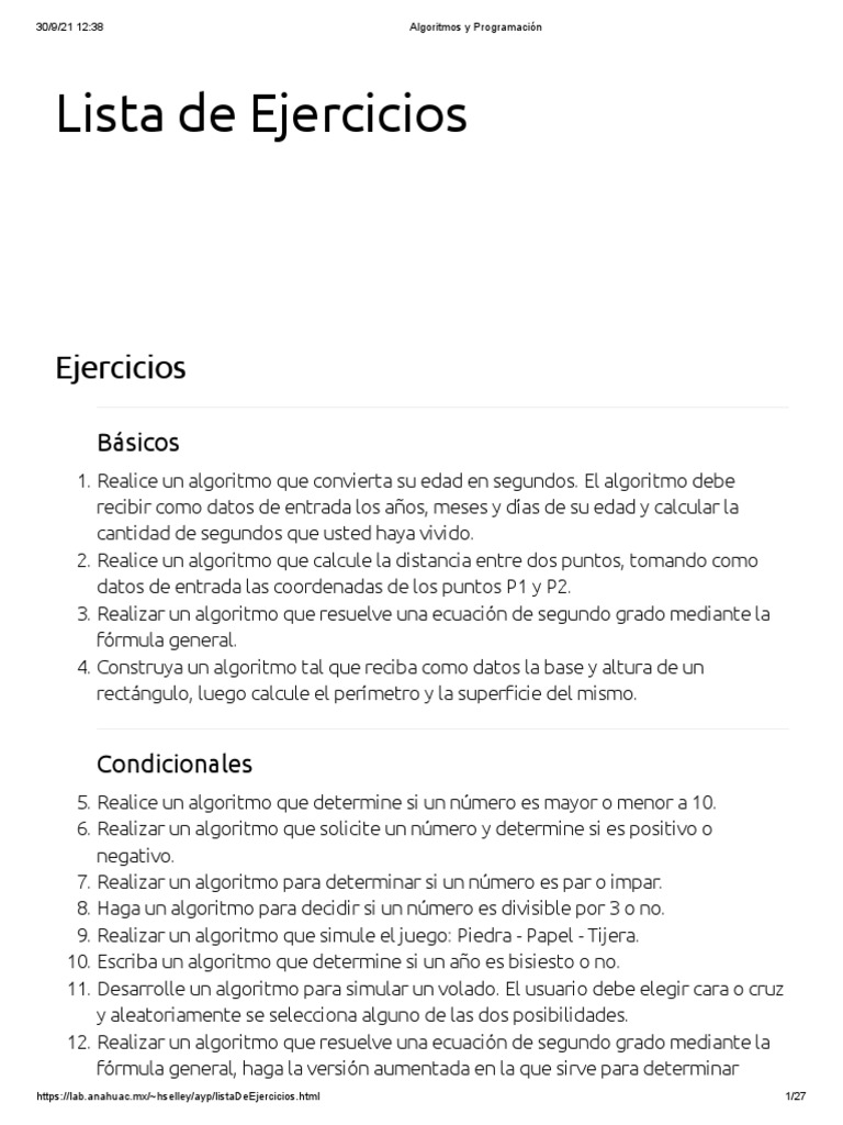 Lista Ejercicios Algoritmos Pdf Matriz Matemáticas Algoritmos