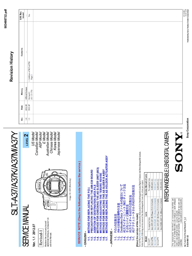 Sony Slt-A37 Slt-A37k Slt-A37m Slt-A37y Ver1.1 Level2 | PDF