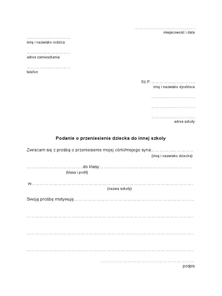 Wzor Podania o Przeniesienie Dziecka Do Innej Szkoly | PDF