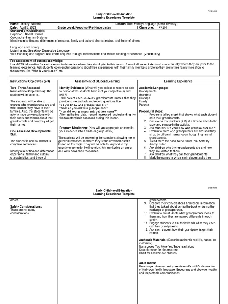 313 Lesson Plan 1 | PDF | Early Childhood Education | Learning