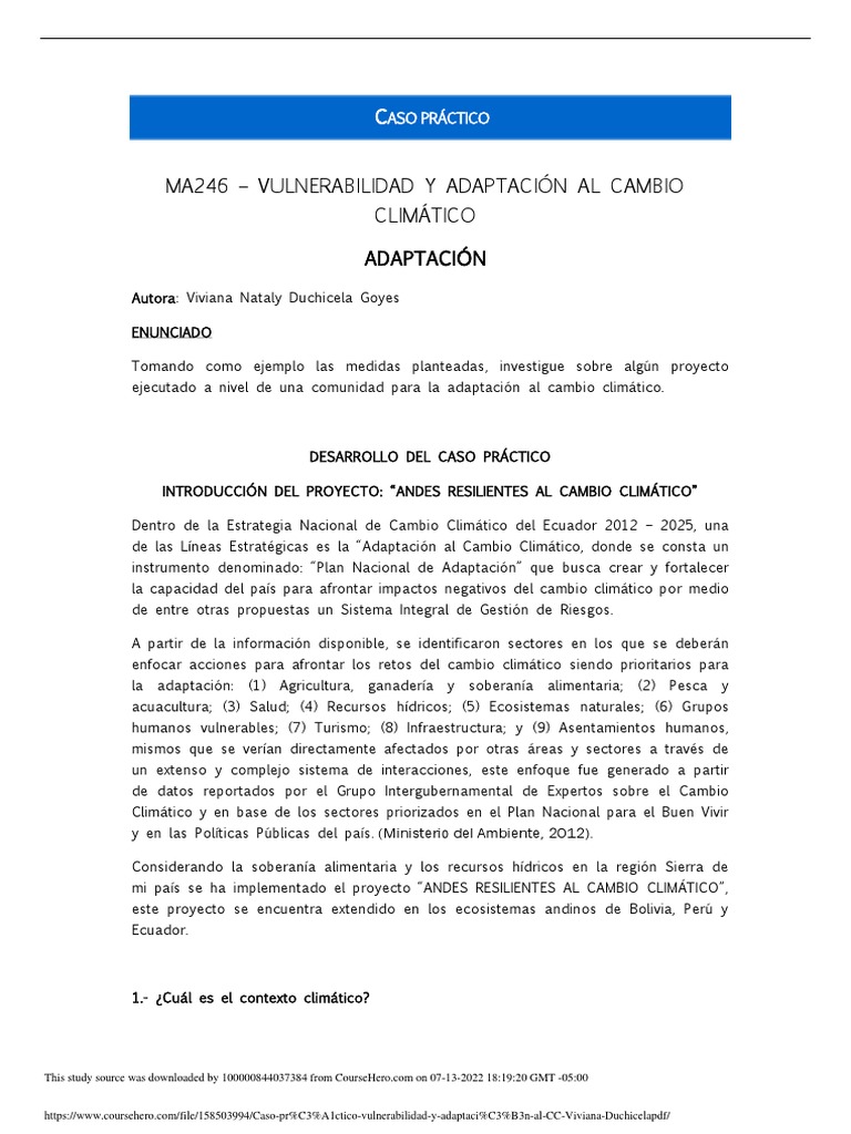 Caso PR Ctico Vulnerabilidad y Adaptaci N Al CC Viviana Duchicela PDF | PDF | Agricultura ...