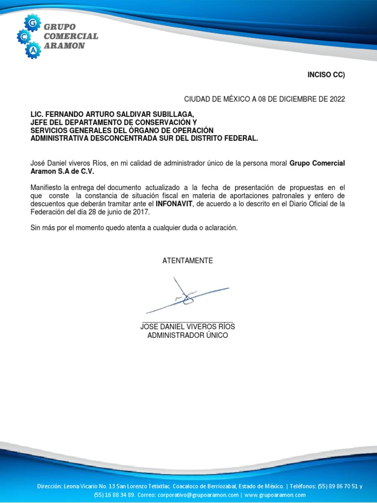 Constancia de situación fiscal emitida por el INFONAVIT a Grupo ...