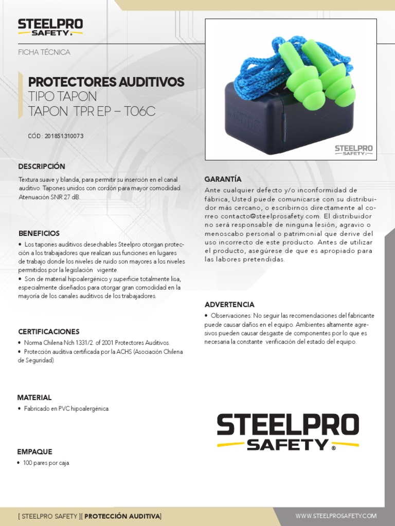 Ficha Tecnica Protectores Auditivos Tipo Tapon Steelpro | Descargar gratis PDF | Acústica | Sonido