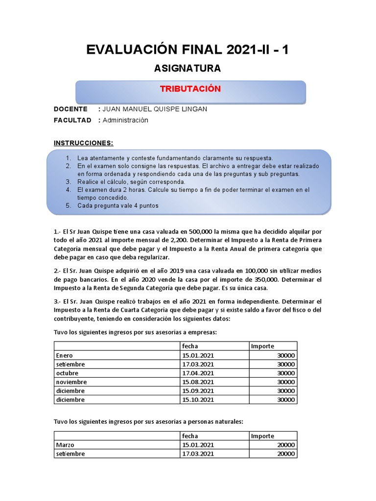 Exámen Final Uno | PDF | Impuesto sobre la renta | Impuestos