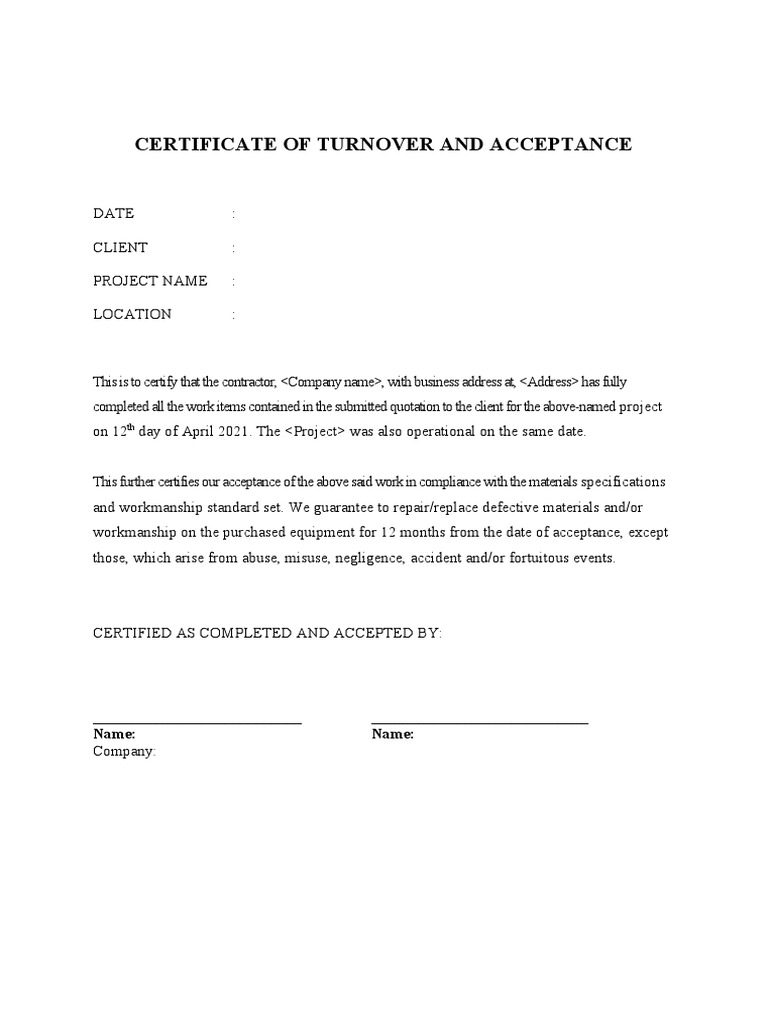 Certificate of Completion and Acceptance | PDF | Business | Technology ...