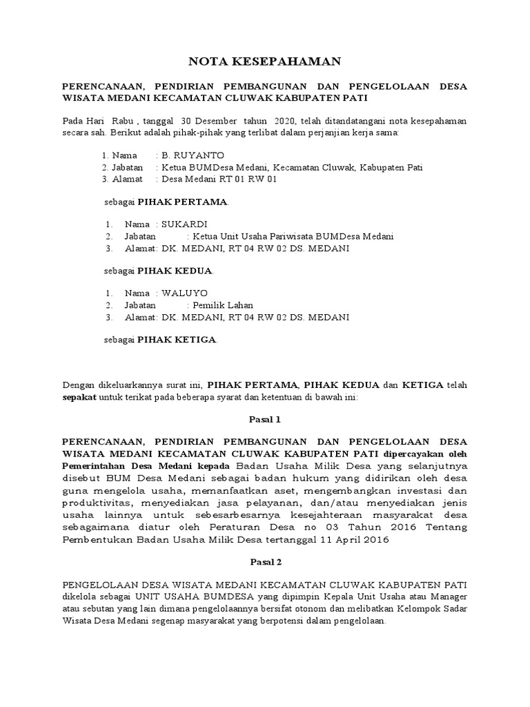 Contoh DRAFT MOU BUMDES Dan PEMDES | PDF