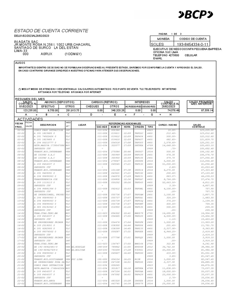 Eecc - Inagata BCP Febrero Soles | PDF