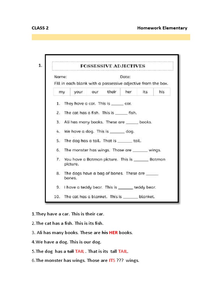 CLASS 2 - Homework - poss adj and describe yourself and your family | PDF