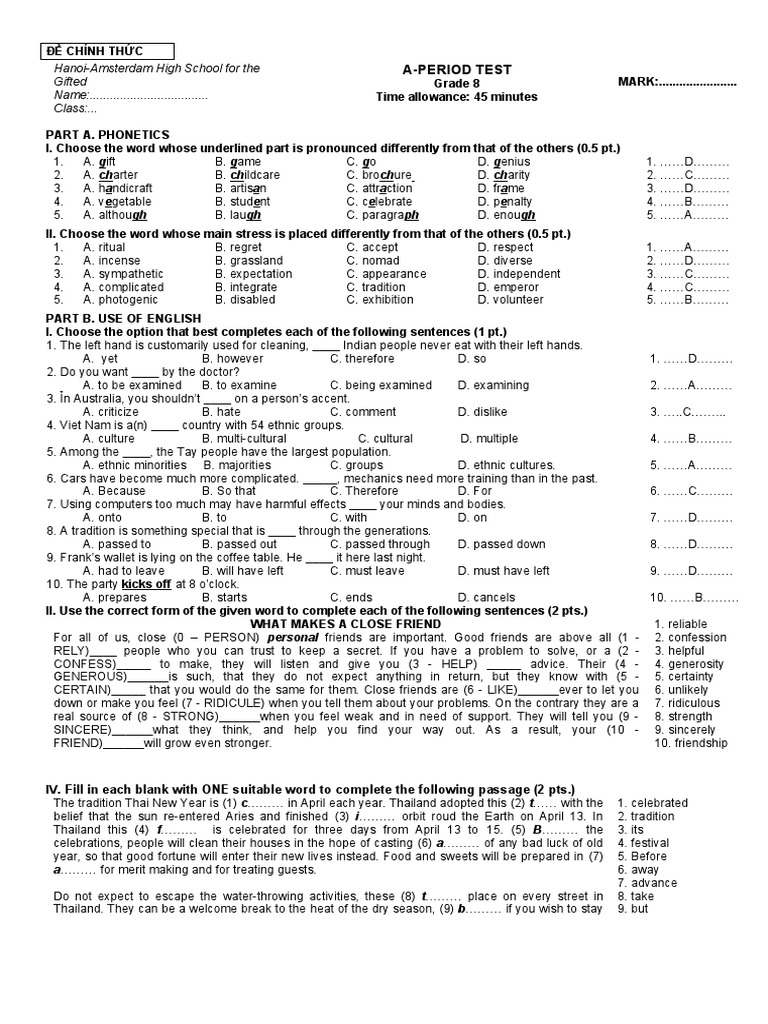 A Period Test 8E | PDF | Etiquette | Teachers