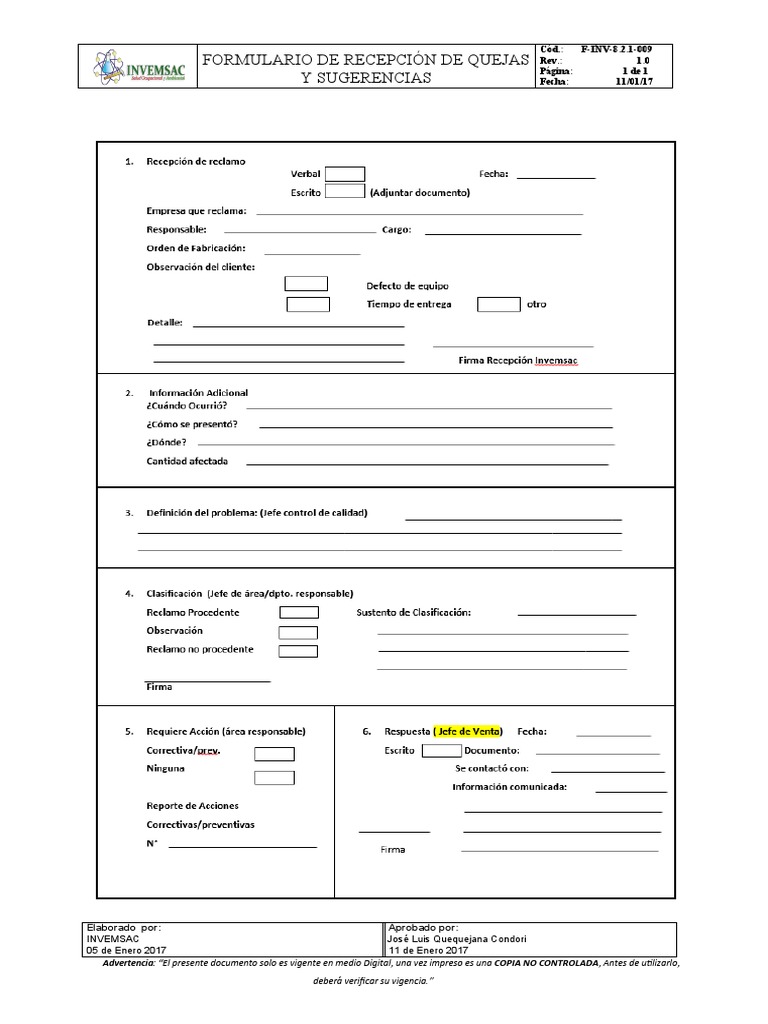 FINV009 Formulario de Recepción de Quejas y Sugerencias | PDF