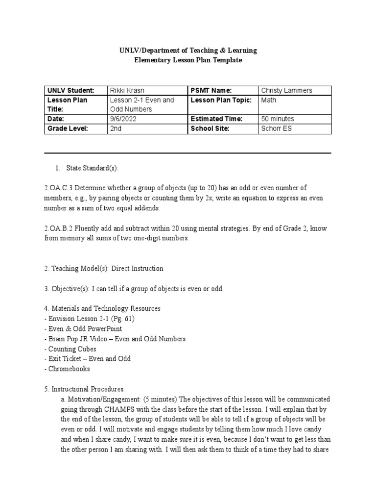p2 - Lesson Plan 1 - Odd and Even | PDF | Learning | Lesson Plan