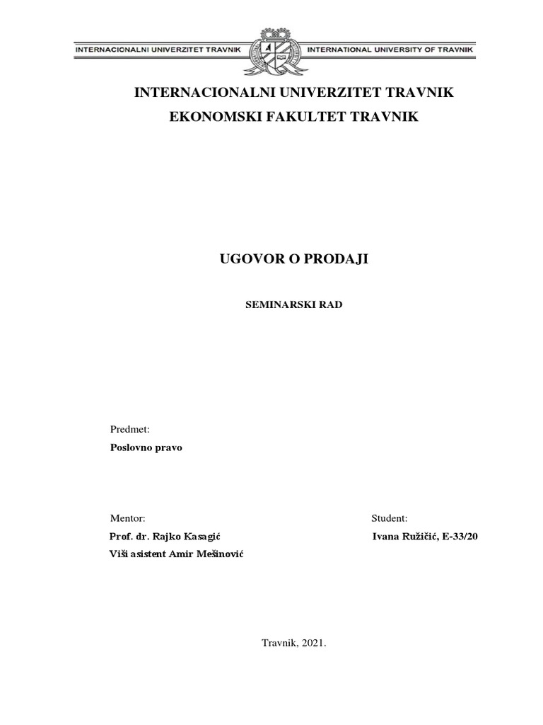 Poslovno pravo - Seminarski rad - Ugovor o prodajiiiiiiiii | PDF