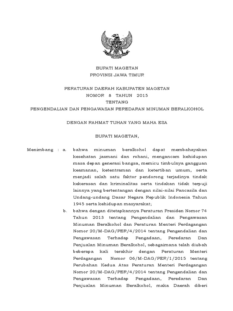 Perda No.08 Tahun 2015 Tentang Pengendalian MINOL - 2 | PDF