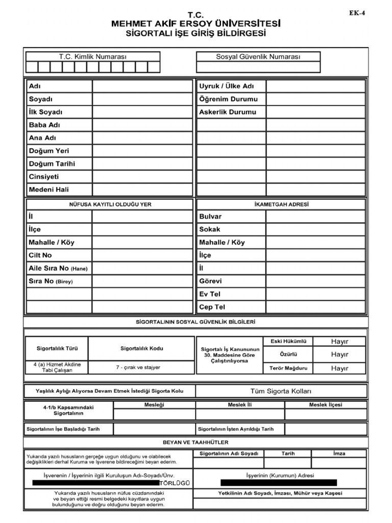 Ek4 Eem Bu Form Tek Kağıtta Arkalı Önlü Yazdırılacak | PDF