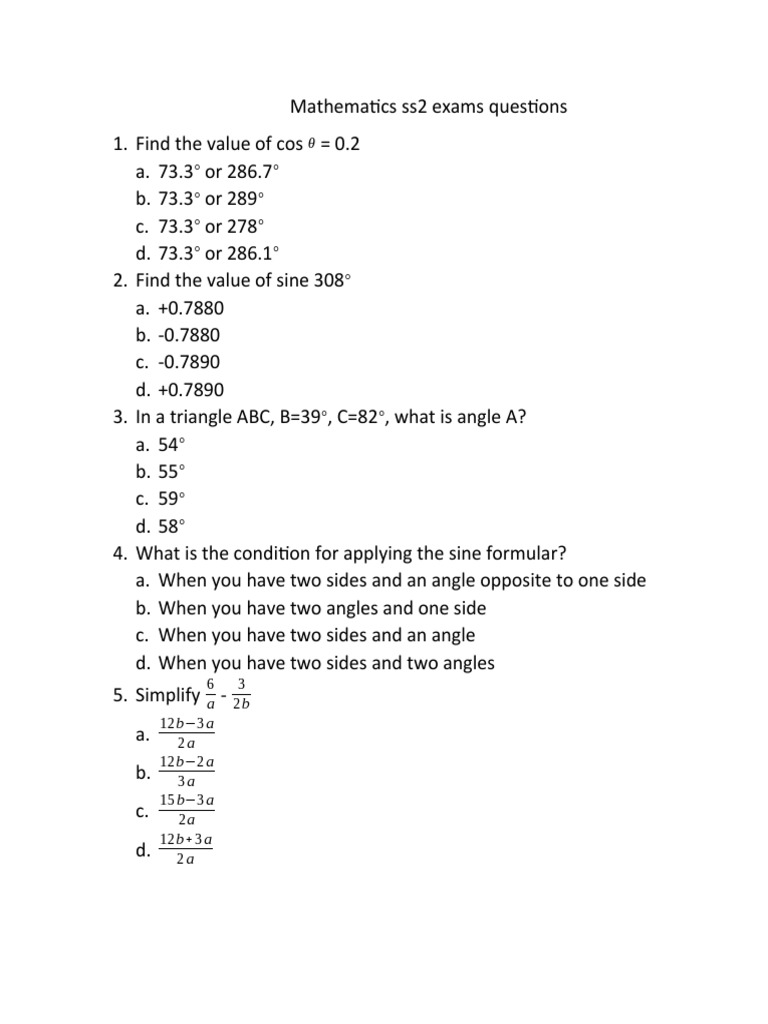 Mathematics ss2 Exams Questions | PDF | Circle | Triangle