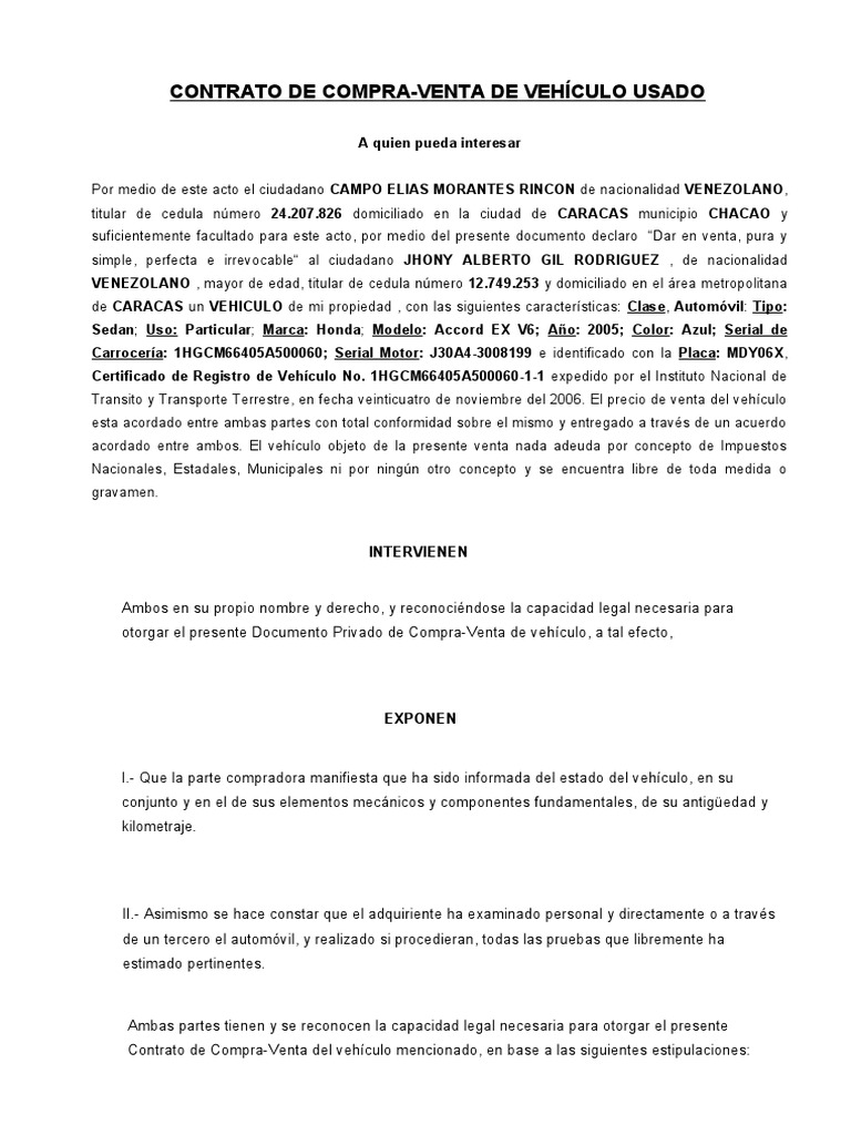 Contrato Compra Venta Vehiculo Usado | PDF