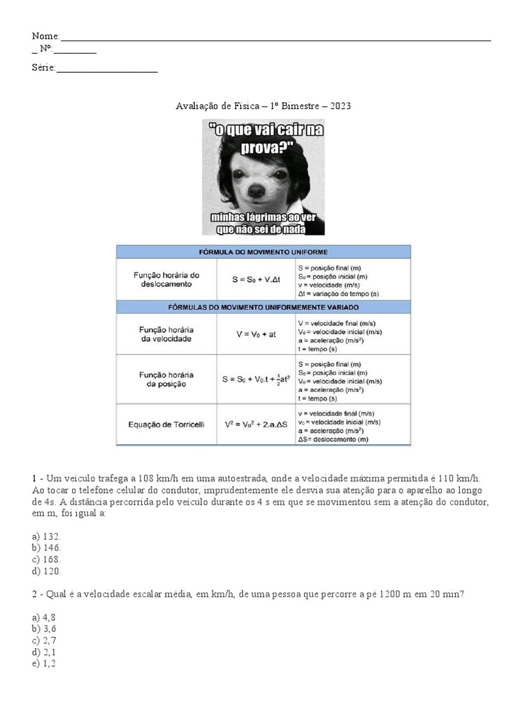 Prova Física 1º Bimestre | PDF | Velocidade | Velocidade