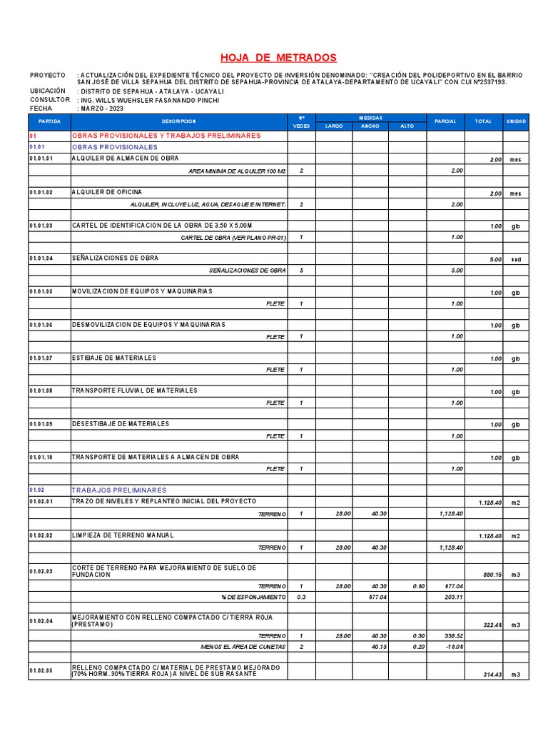 Hoja de Metrados: Obras Provisionales Y Trabajos Preliminares | PDF | Materiales de construcción ...
